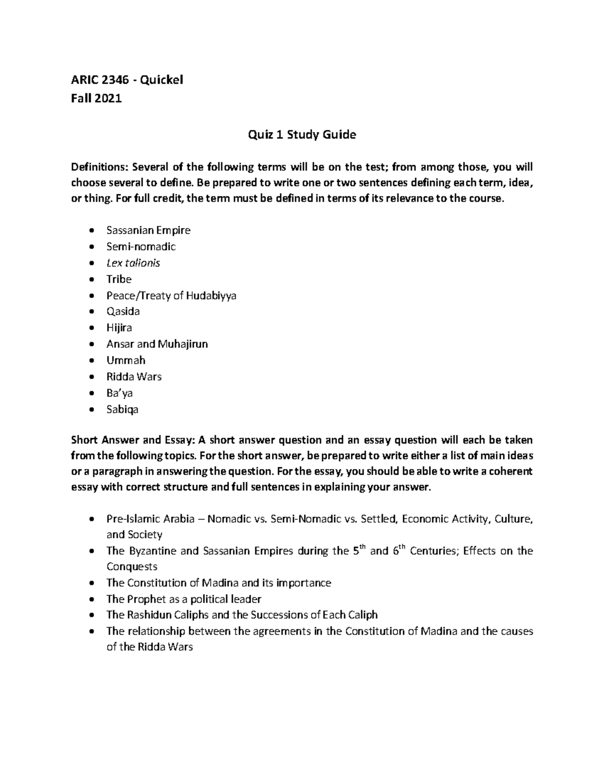 Study Guide - Quiz 1 ( Pre-Islamic World) - ARIC 2346 - Quickel Fall ...