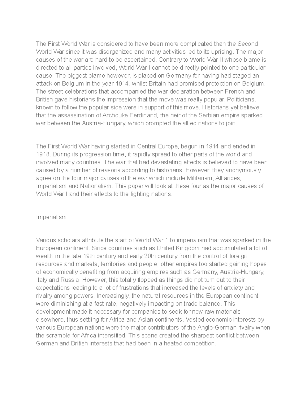Causes of World War I Essay - The First World War is considered to have ...