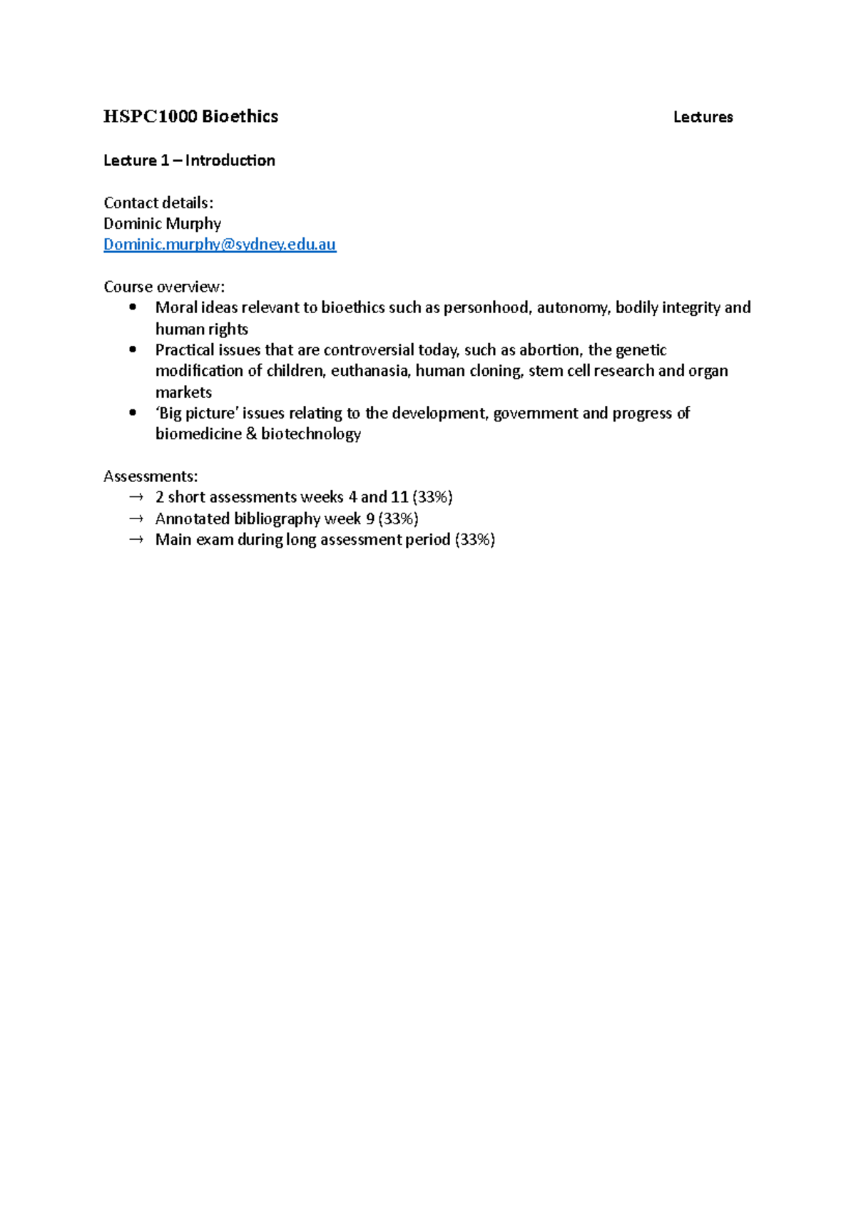Bioethics Lecture Notes Hspc1000 Bioethics Lectures Lecture 1