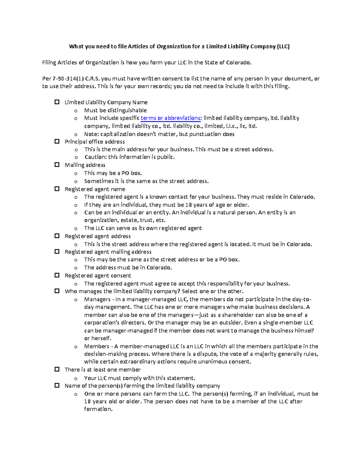 LLCChecklist - Checklist - What you need to file Articles of ...