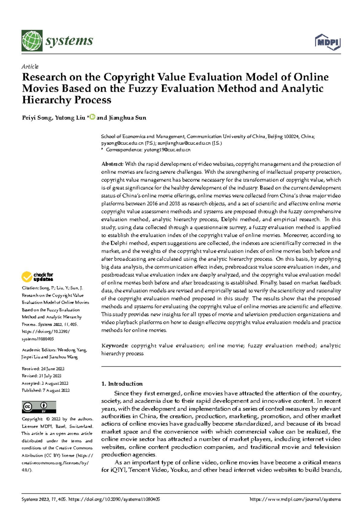 Research on the Copyright Value Evaluation Model o - Citation: Song, P ...