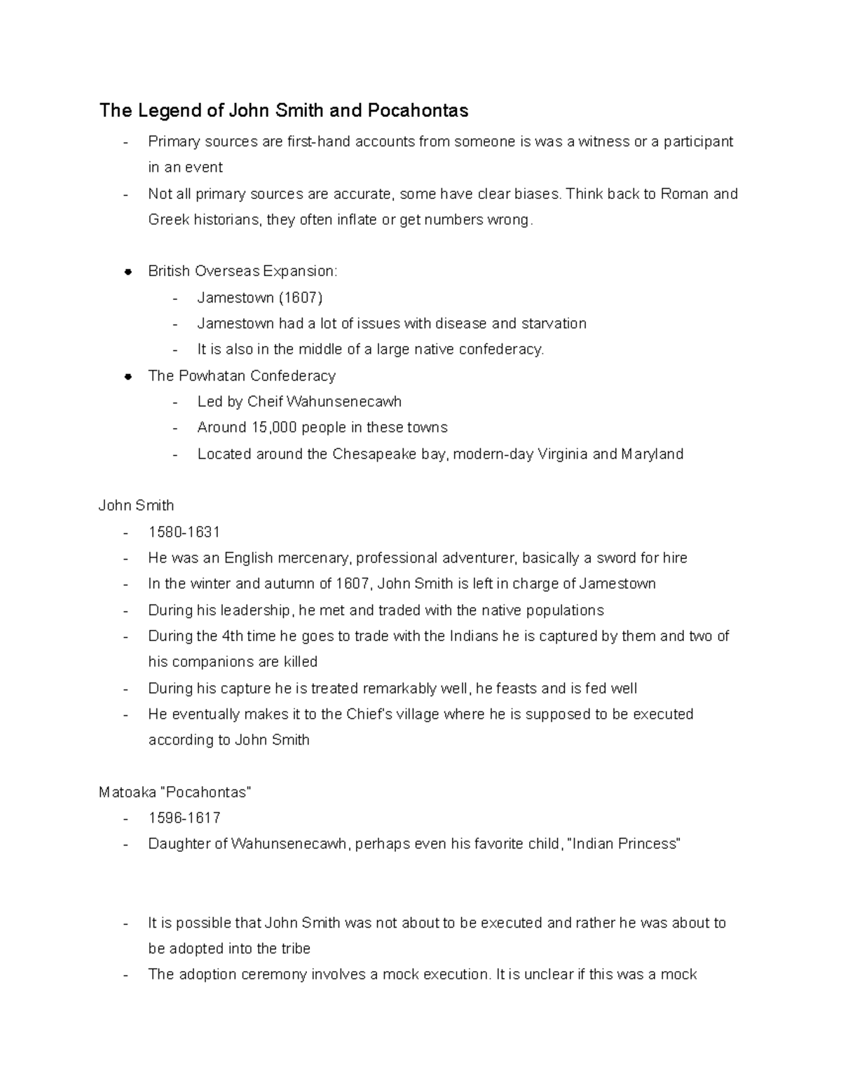 HST-142 Notes Part 1 - The Legend of John Smith and Pocahontas Primary ...