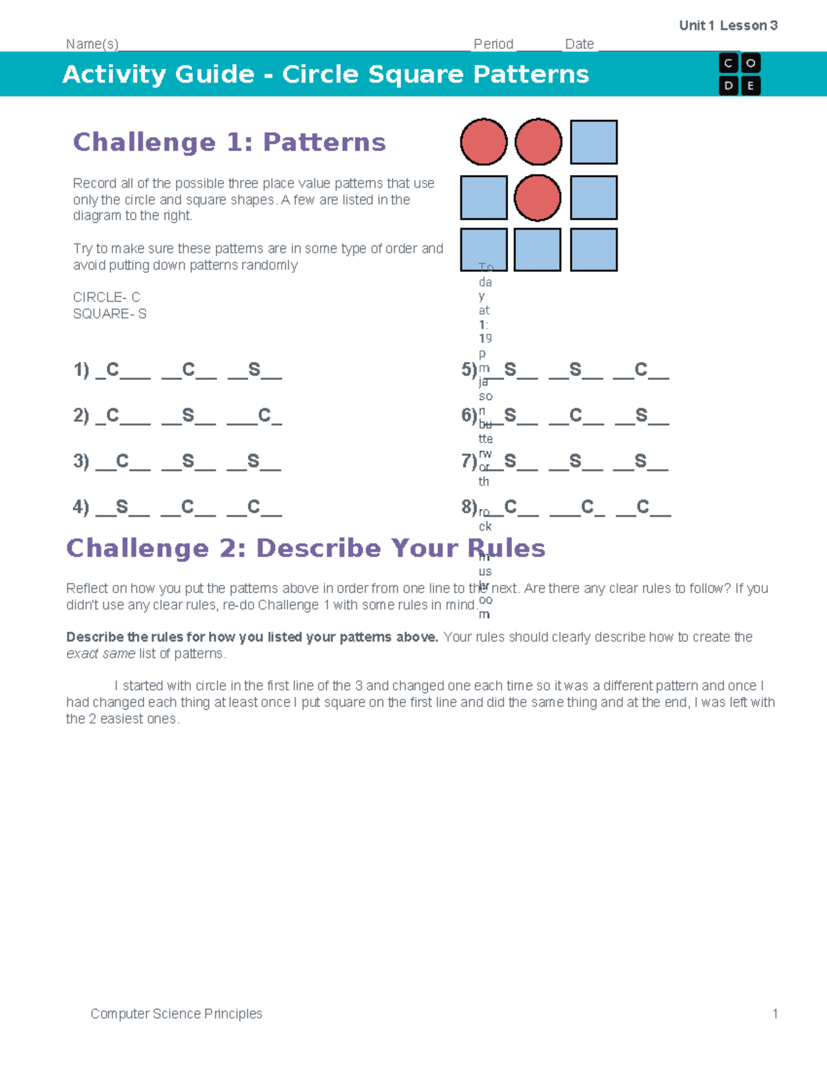 Circle Square Patterns - Unit 1 Lesson 3 - Unit 1 Lesson 3 - Studocu