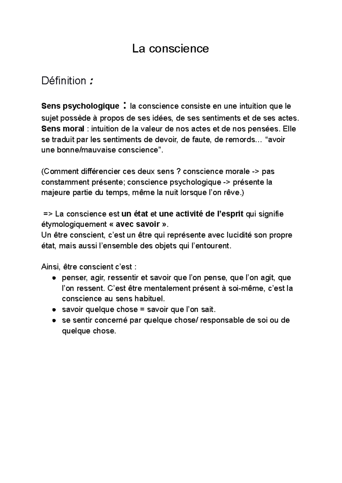 la conscience partie 1 - La conscience Définition : Sens psychologique ...