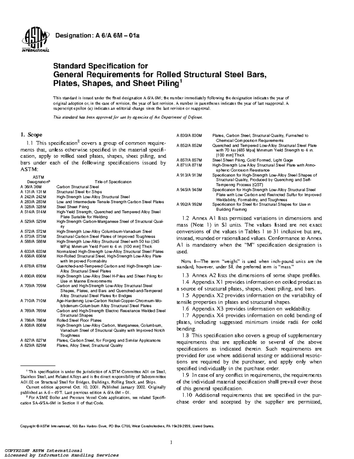 ASTM A-6A 6M - ASTM A-6A 6M - Designation: A 6/A 6M – 01a Standard Specification for General ...