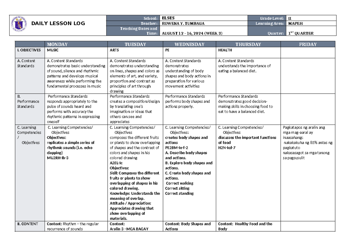 DLL Mapeh 2 Q1 W3 - 3rd week lesson guide - DAILY LESSON LOG School: ELSES Grade Level: II ...
