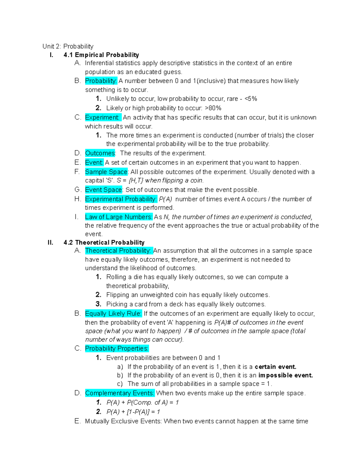 Unit 2 MTH 165 Elementary Statistics Notes - Unit 2: Probability I. 4 ...