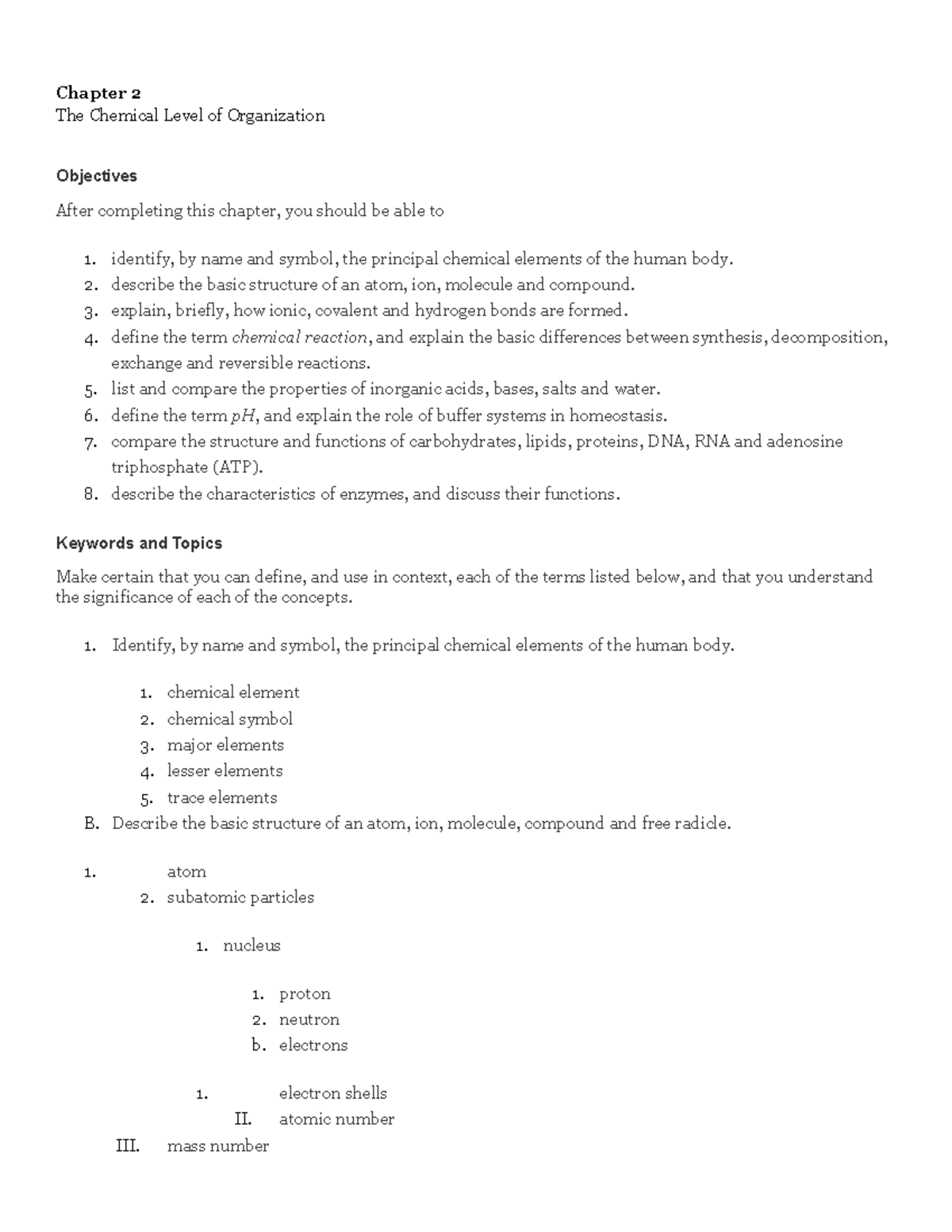 Study guide Chapter 2 - Chapter 2 The Chemical Level of Organization ...