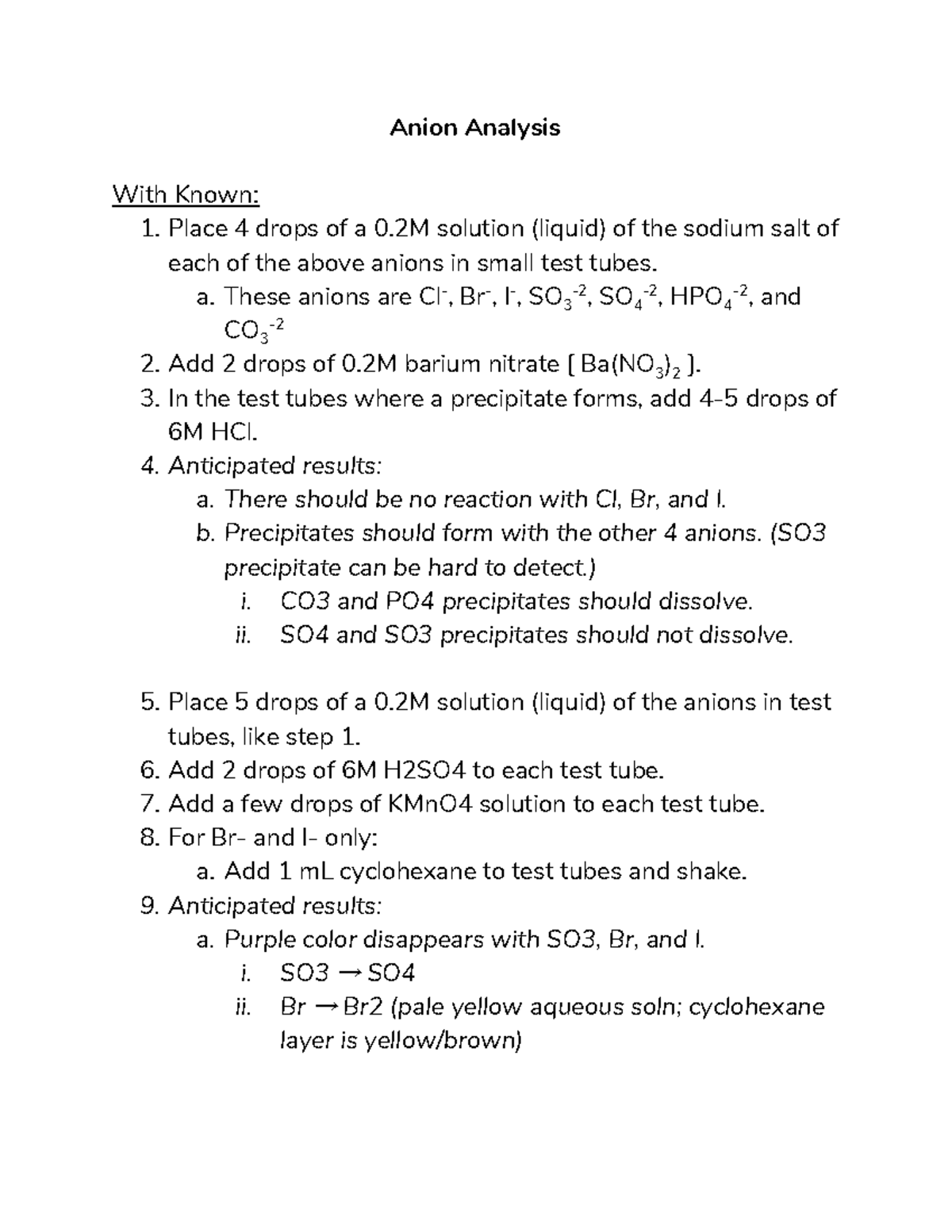 Experiment 6 Procedure - **Anion Analysis ** With Known: 1. Place 4 ...