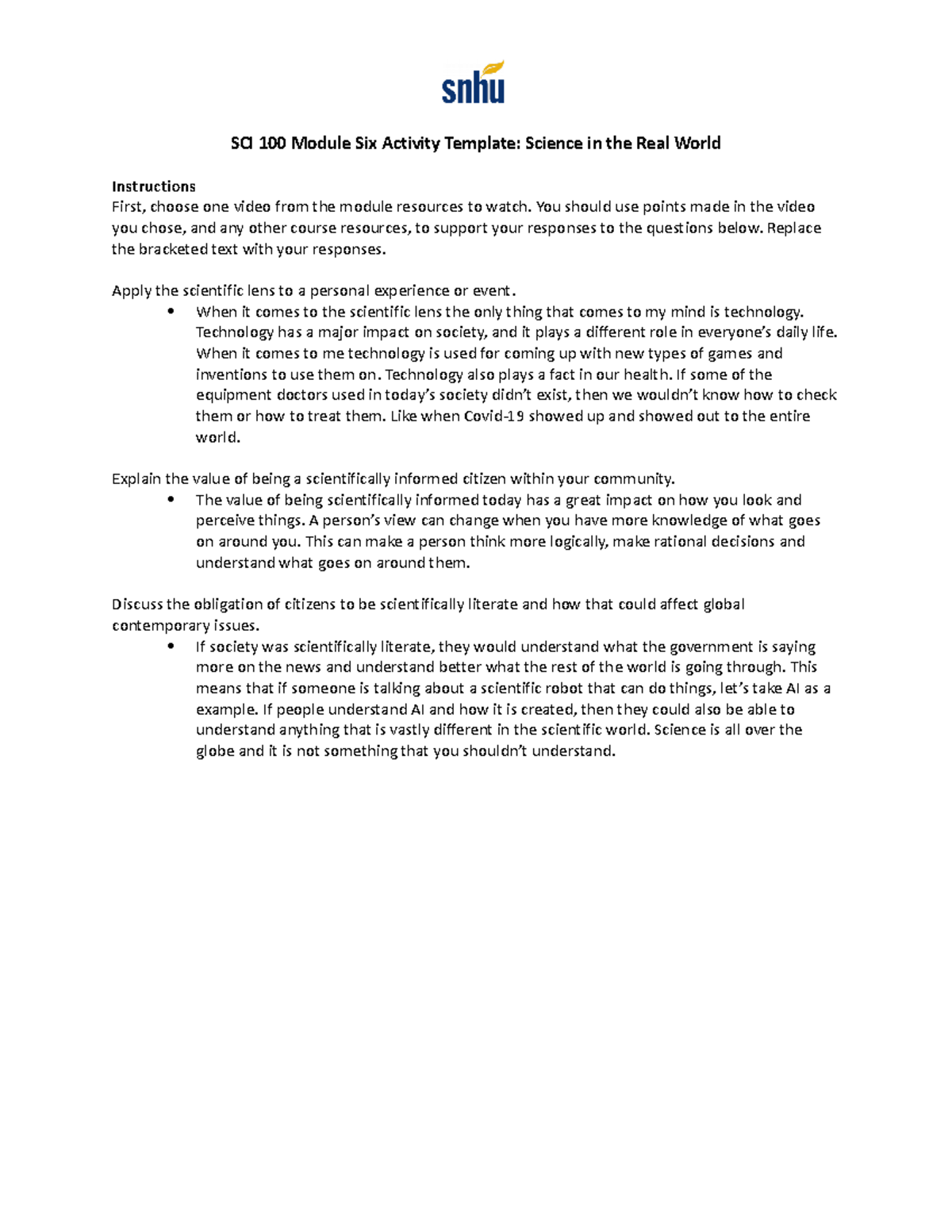 SCI 100 Module Six Activity Template - You should use points made in ...