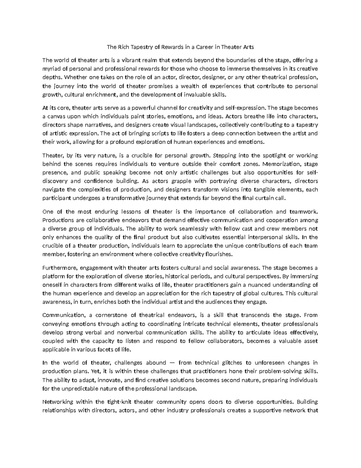 Theater Arts - Reflection - The Rich Tapestry of Rewards in a Career in ...