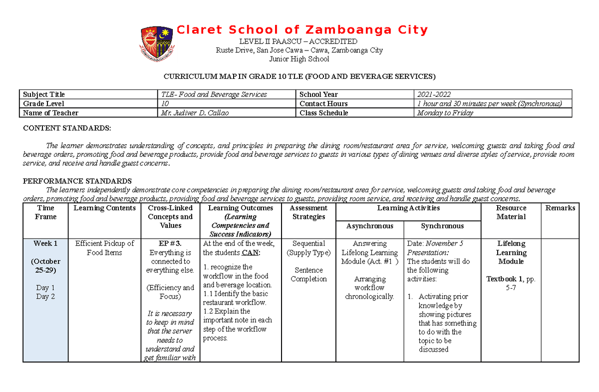 Curriculum MAP FOOD AND Beverage 2021-2022 - Claret School of Zamboanga ...