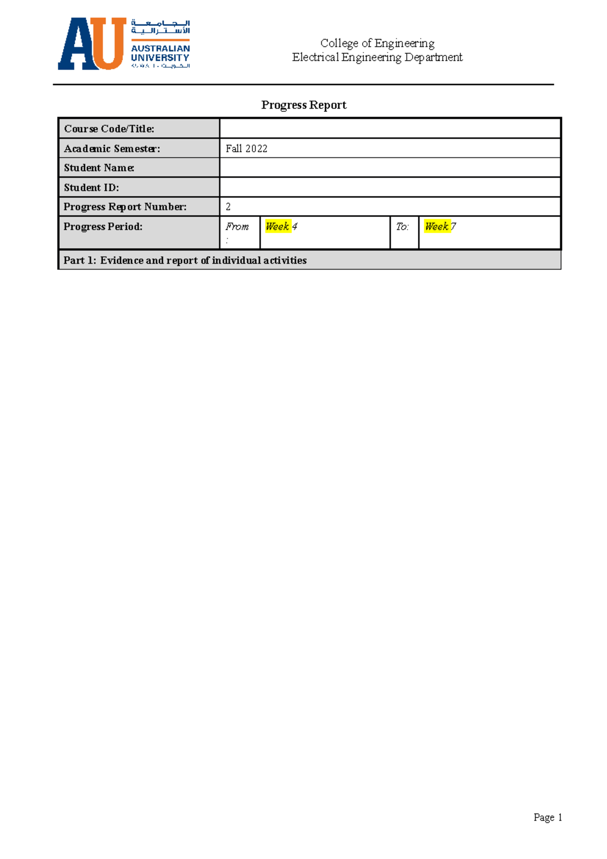 1 - This is plc report - Electrical Engineering Department Progress Report Course Code/Title ...