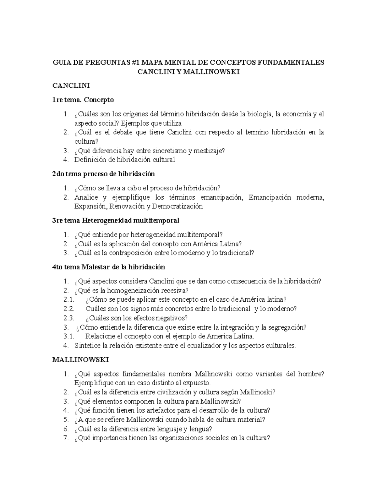 GUIA DE Preguntas - Cultura Híbrida - GUIA DE PREGUNTAS MAPA MENTAL DE ...