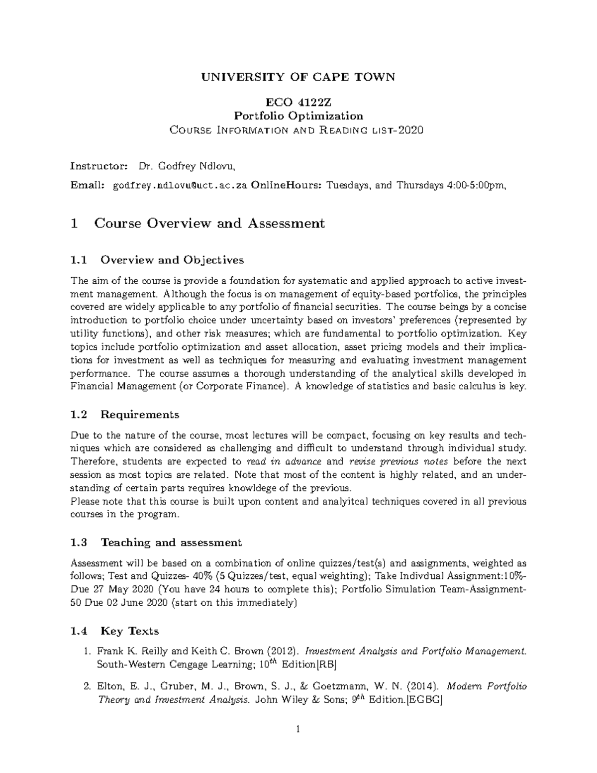 Detailed Course Outline ECO4122Z - UNIVERSITY OF CAPE TOWN ECO 4122Z ...