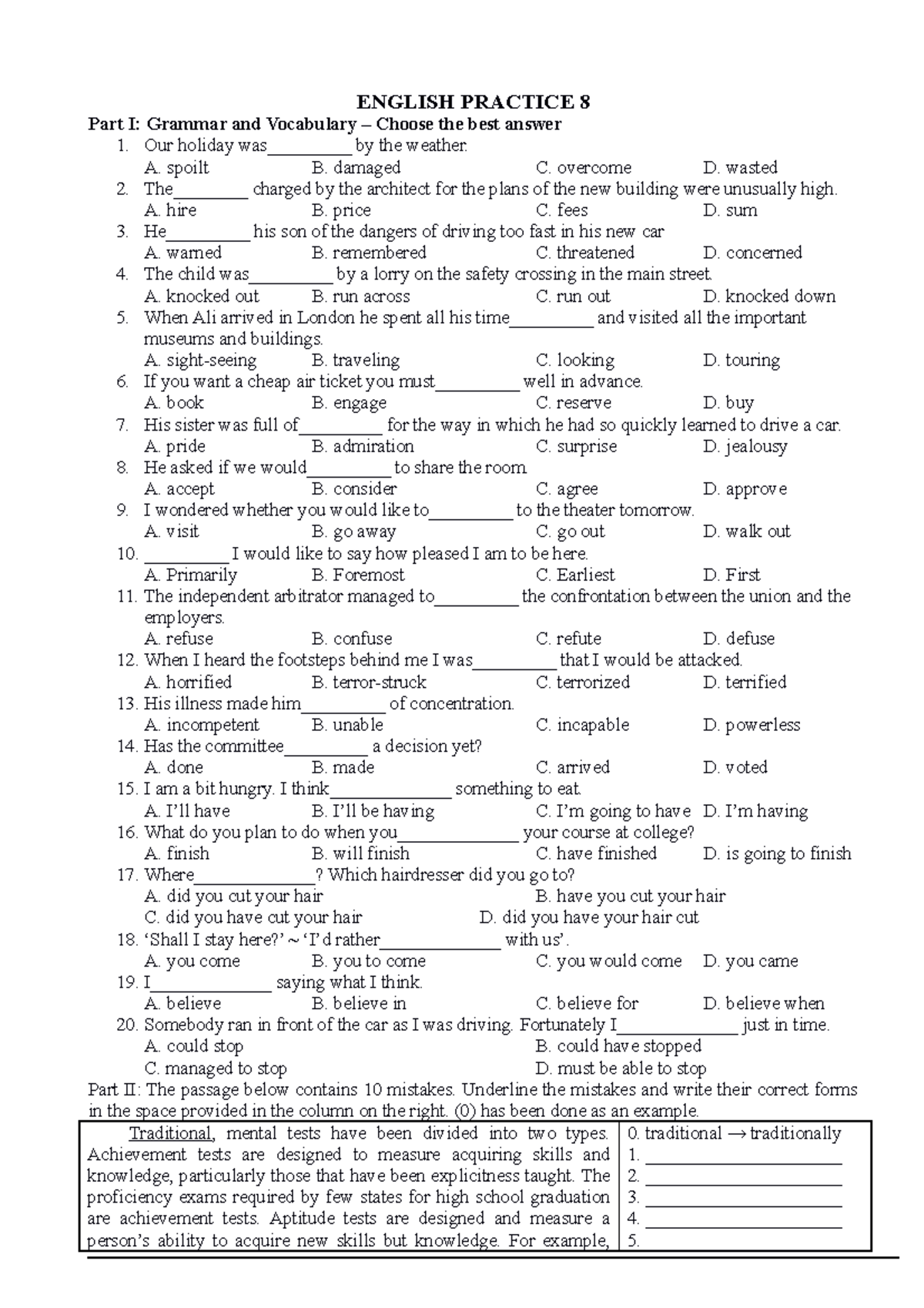 ĐỀ 8 - Practical test - ENGLISH PRACTICE 8 Part I: Grammar and ...