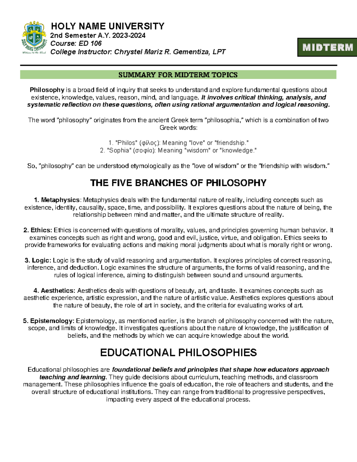 ED 106 - Midterm Notes - 2nd Semester A. 2023- 2024 Course: ED 106 ...