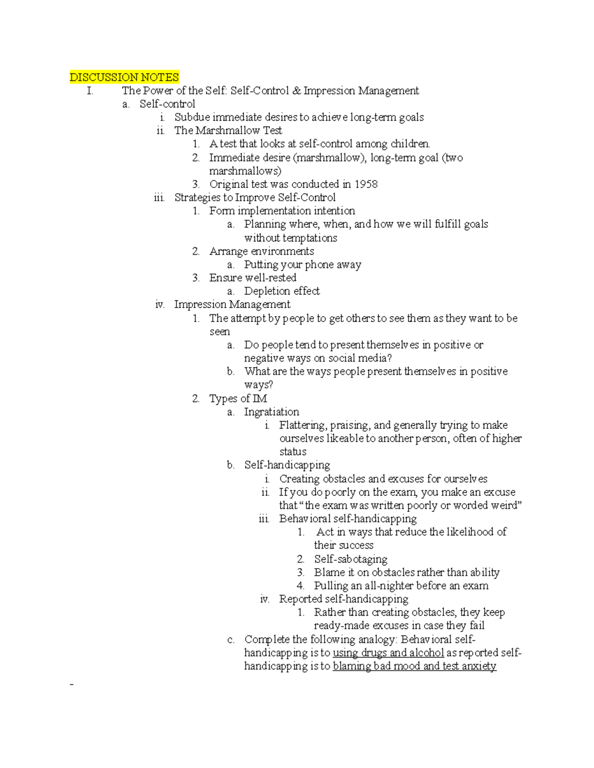 Exam 3 Notes - DISCUSSION NOTES I. The Power of the Self: Self-Control ...