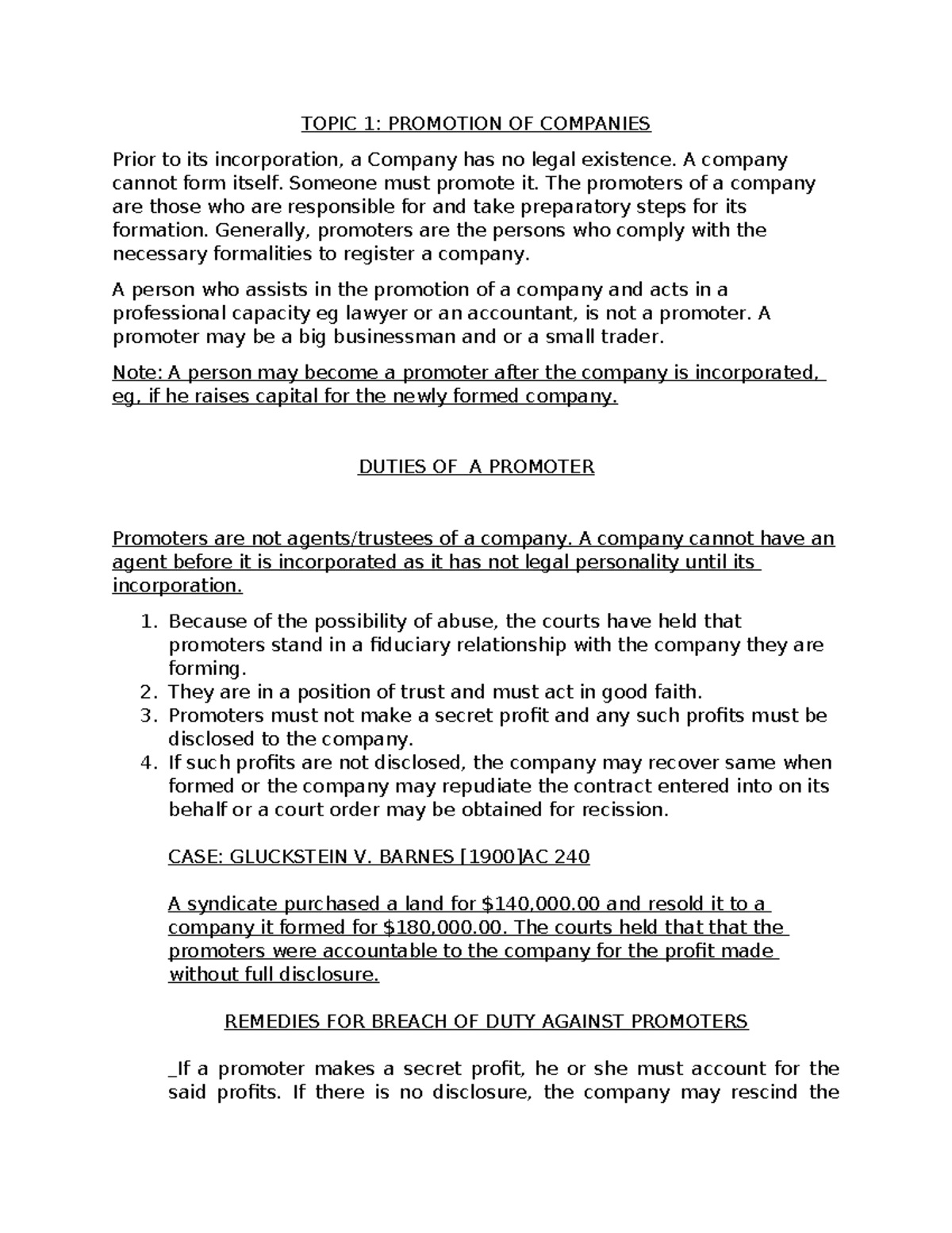 Lecture Notes Promoters AND THE Internal Management RULE - TOPIC 1 ...