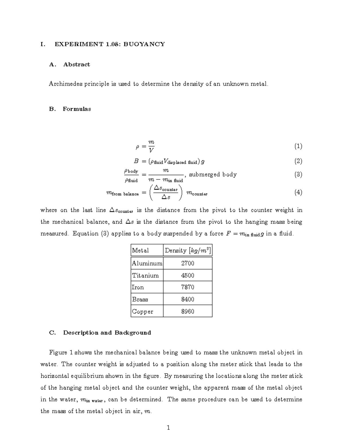 Exp1-08 - Physics Lab 8 Assignment - I. EXPERIMENT 1: BUOYANCY A. Abstract Archimedes principle ...