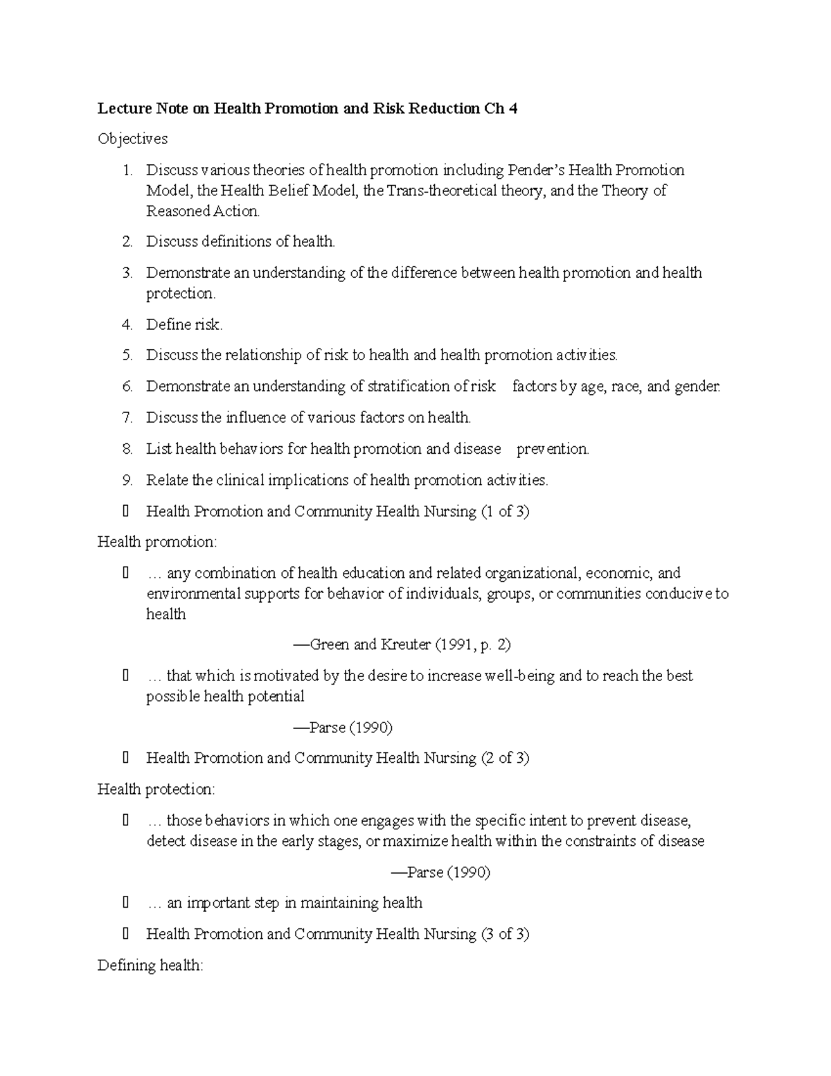 Lecture Note on Health Promotion and Risk Reduction Ch 4 - Discuss ...