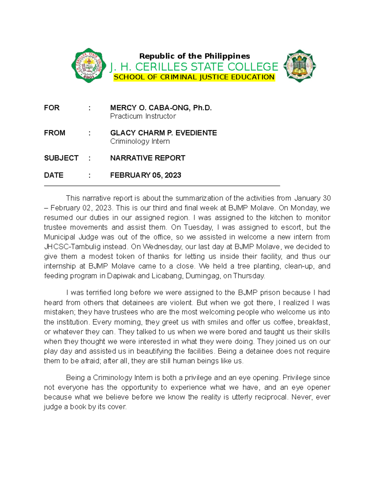 Narrative-Report NOV-28-DEC-2 - Republic of the Philippines J. H ...