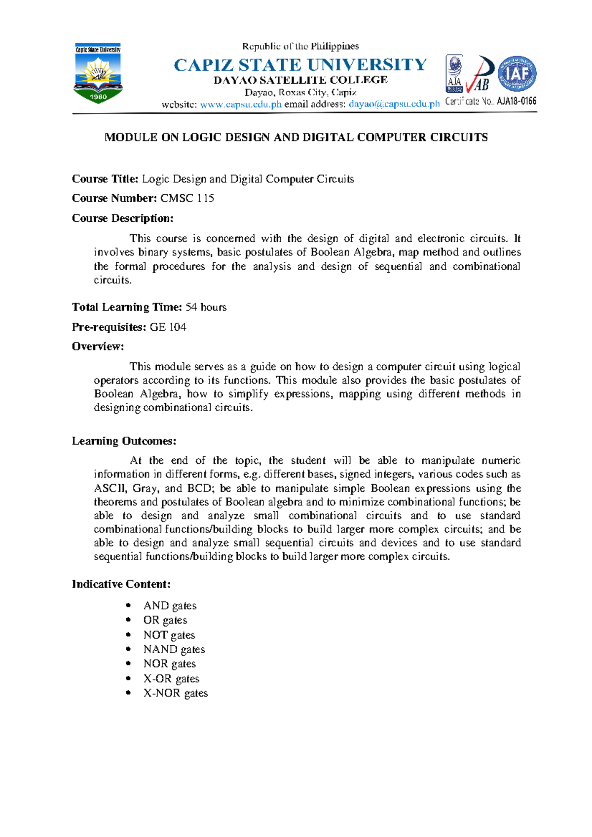 CS 115 chapter 2 - lesson 2 - MODULE ON LOGIC DESIGN AND DIGITAL COMPUTER CIRCUITS Course Title ...