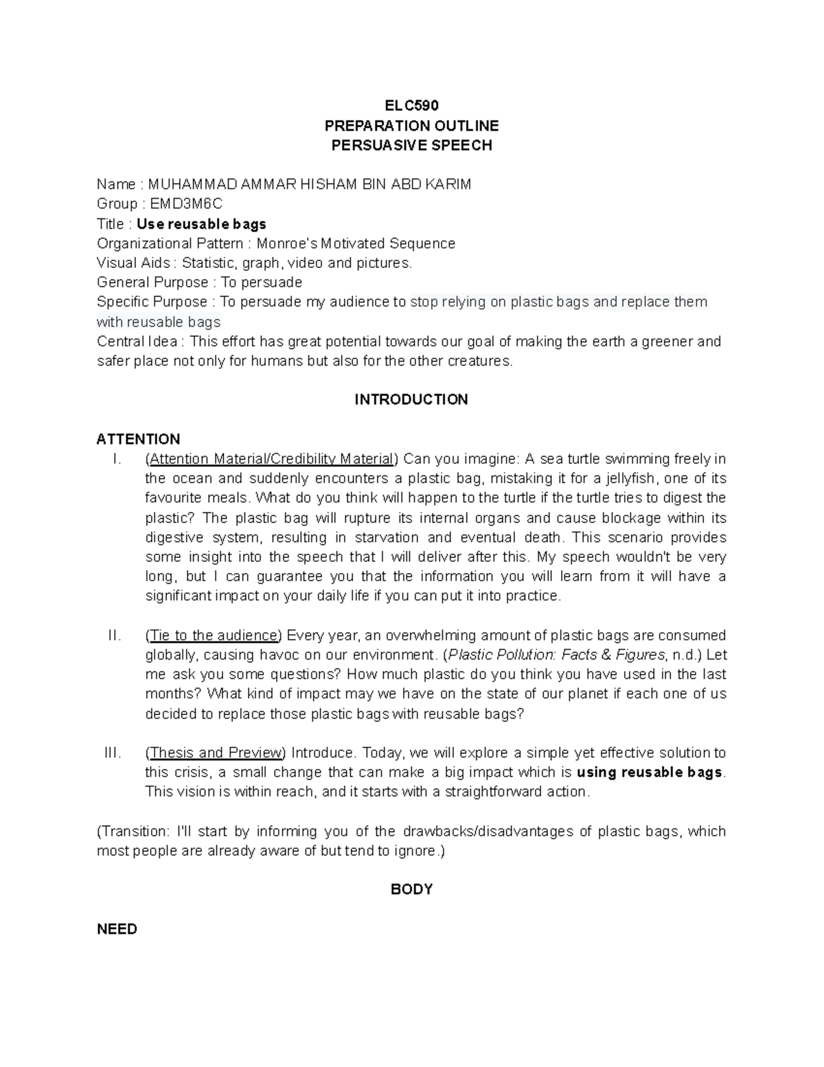 Persuasive Speech template - ELC PREPARATION OUTLINE PERSUASIVE SPEECH ...