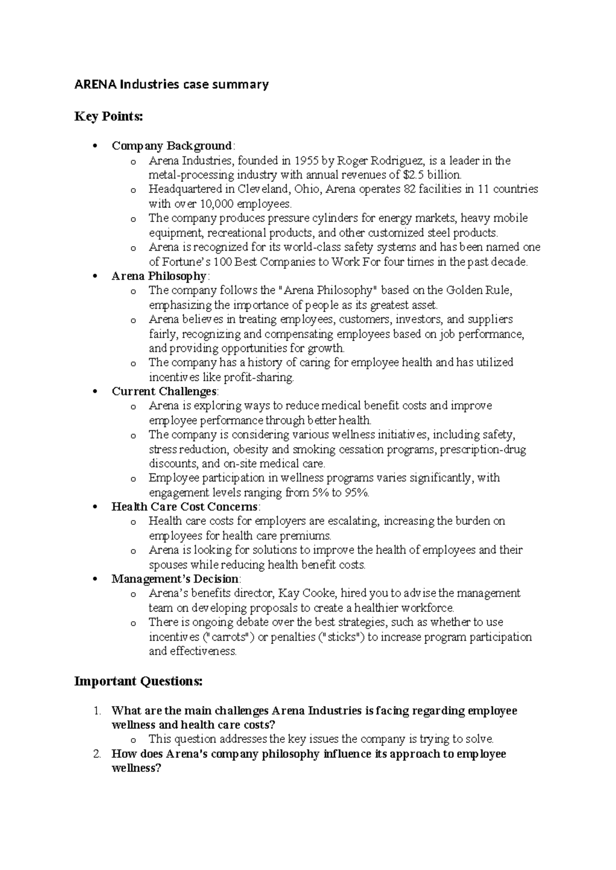 Arena Industries case summary - ARENA Industries case summary Key ...
