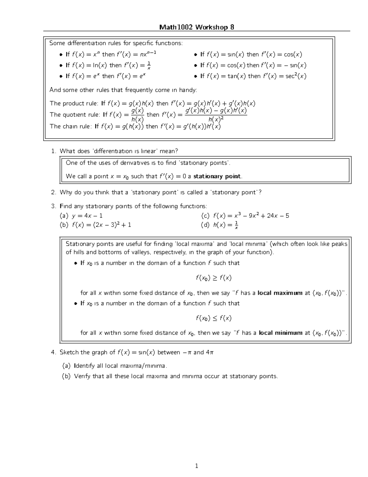Workshop Sheet 8-1 - MATH 1002 at Callaghan Campus - Math1002 Workshop 8 Some differentiation ...