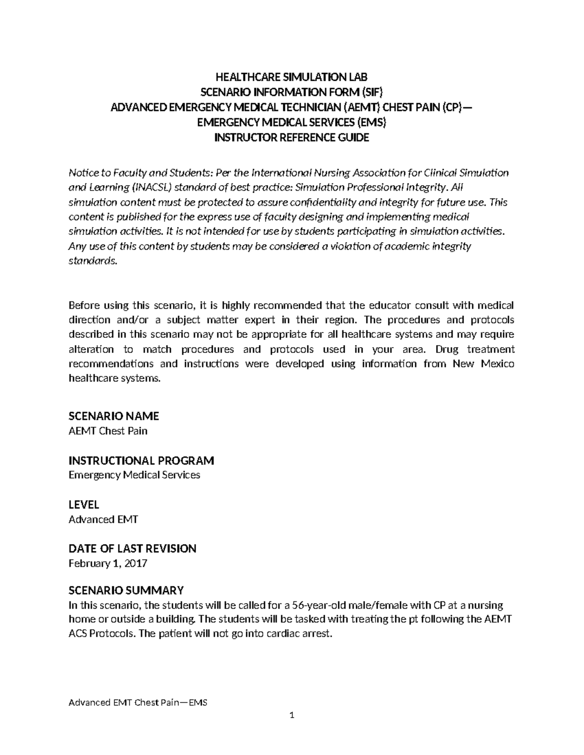 1 ems advanced emt chest pain simulation lab scenario form final ...