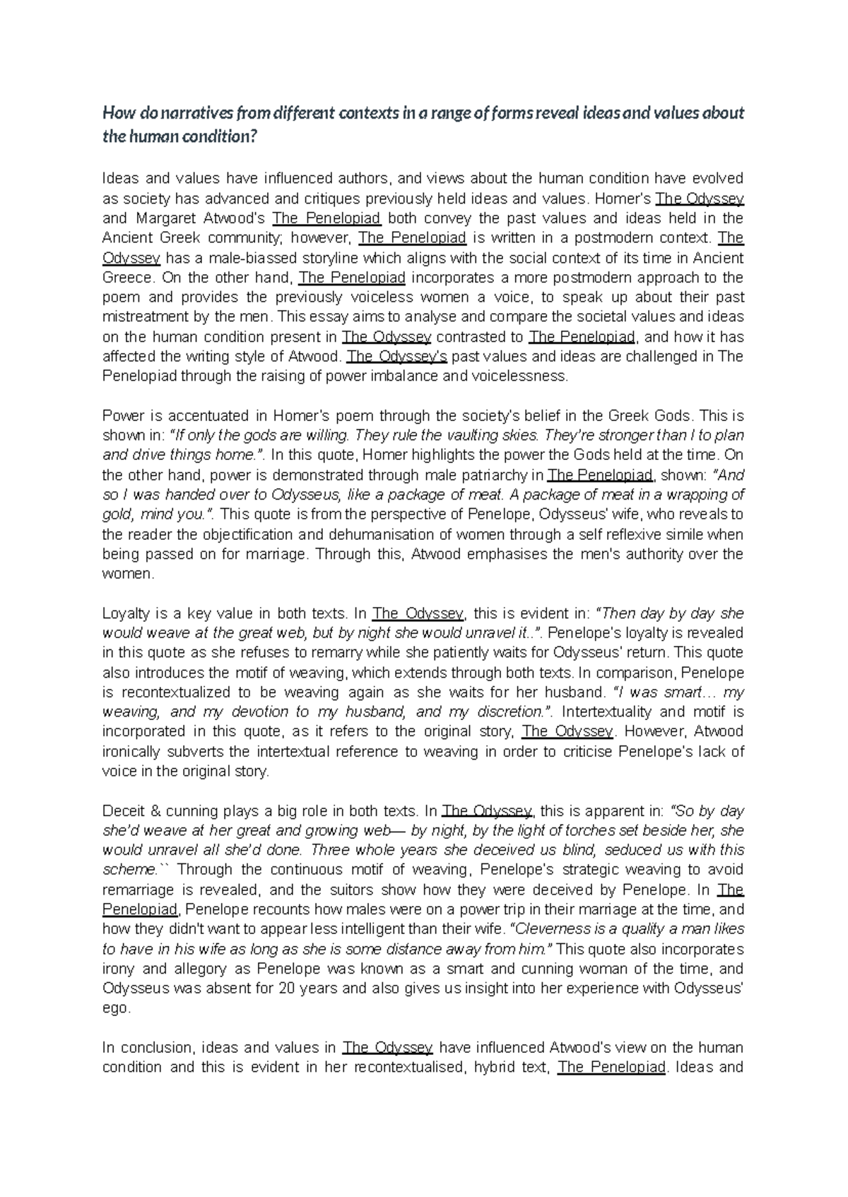 The Odyssey + Penelopiad Comparative Essay - How do narratives from ...