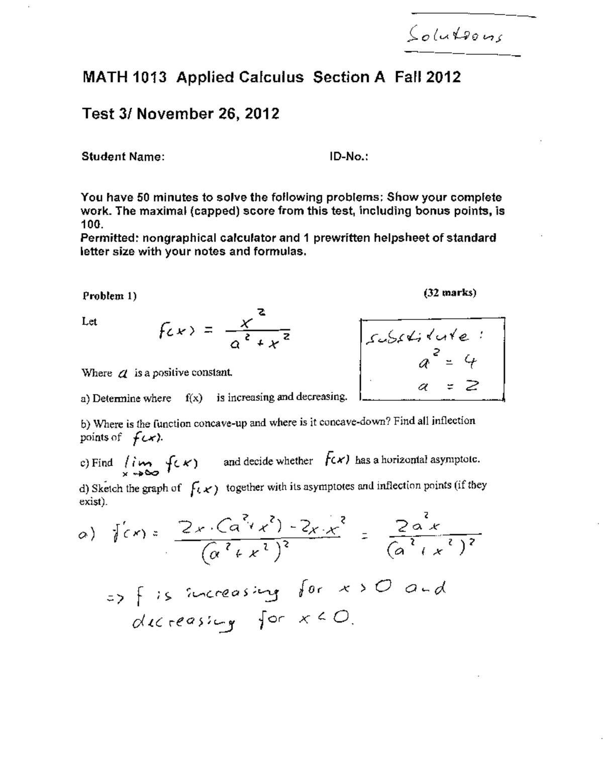 Exam 26 November 2012, questions and answers - MATH 1013 Applied ...