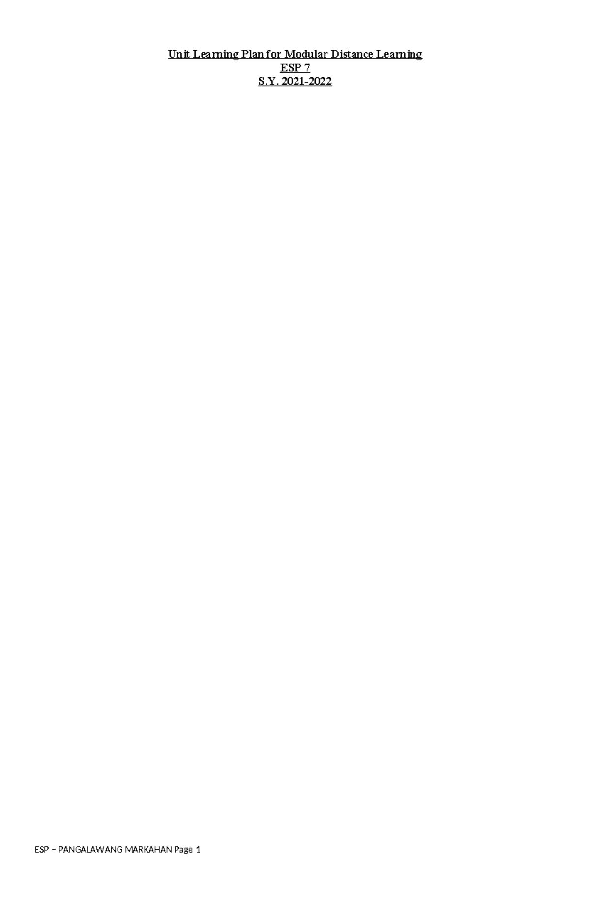 Learning PLAN ESP - To share and give knowledge. - Unit Learning Plan ...