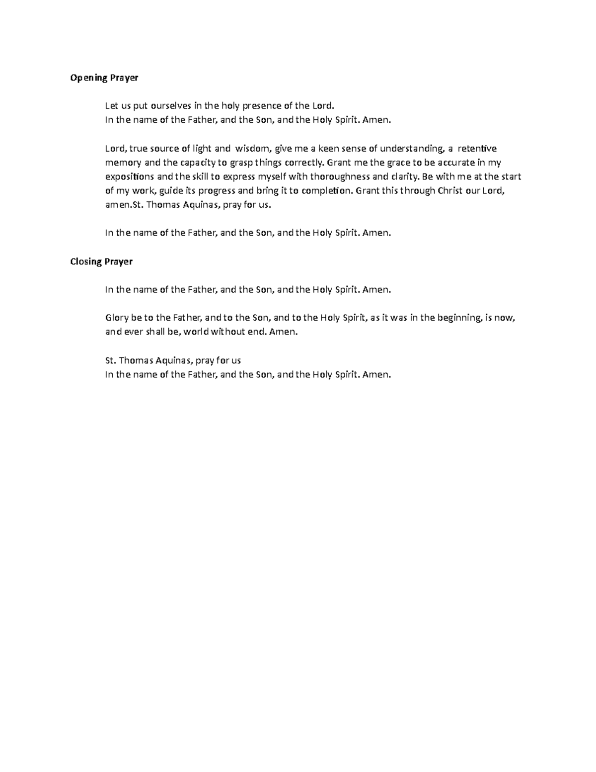 Prayer - Lecture notes - Opening Prayer Let us put ourselves in the ...