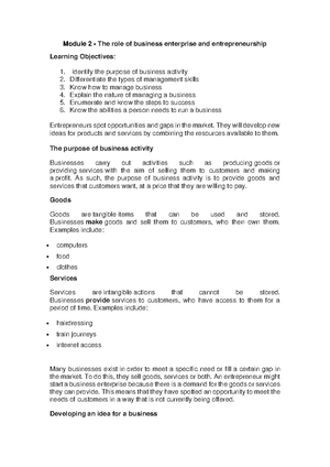 The Role of Business Enterprise and Entreprenuers - Module 2 - The role ...