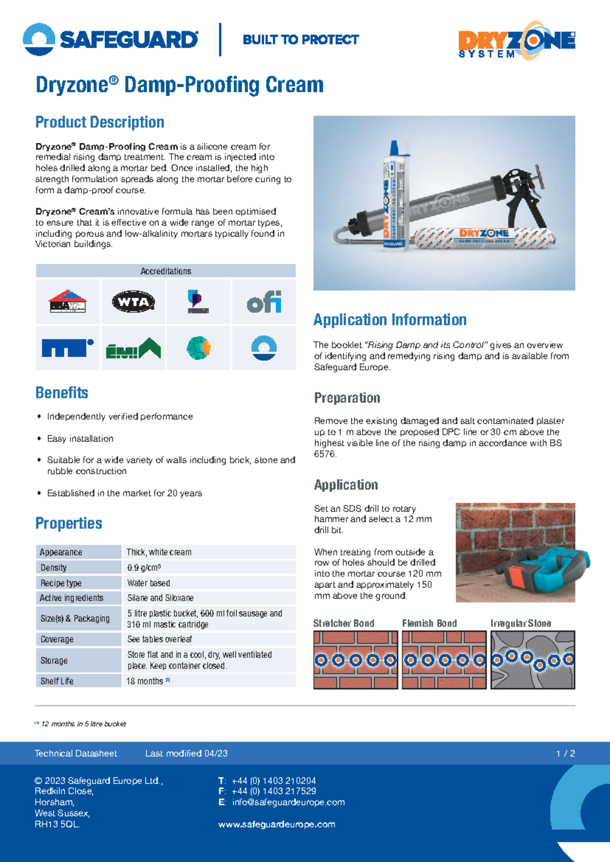 Dryzone damp proofing cream datasheet - © 2023 Safeguard Europe Ltd ...
