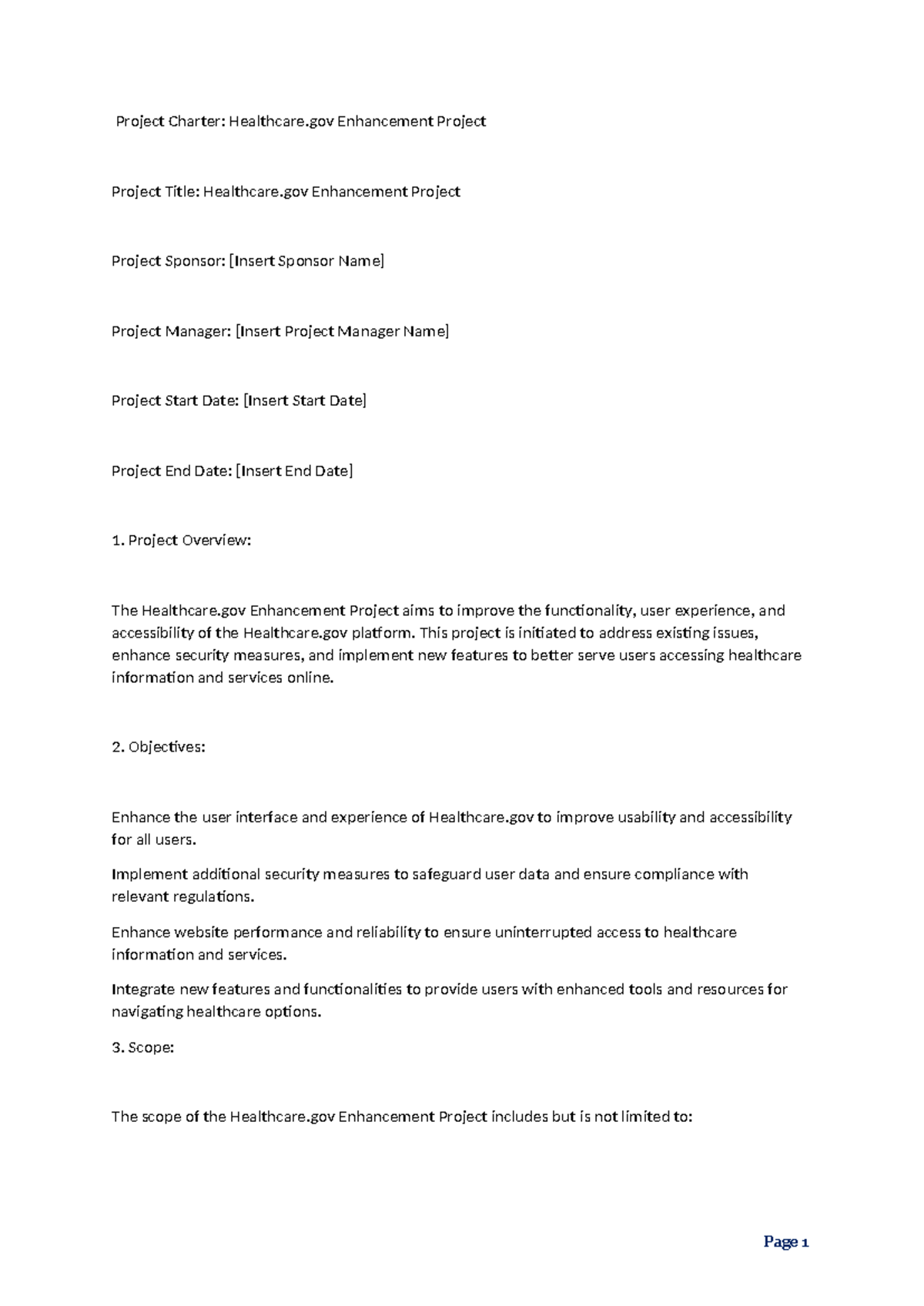 Assessment - Project Charter: Healthcare Enhancement Project Project ...