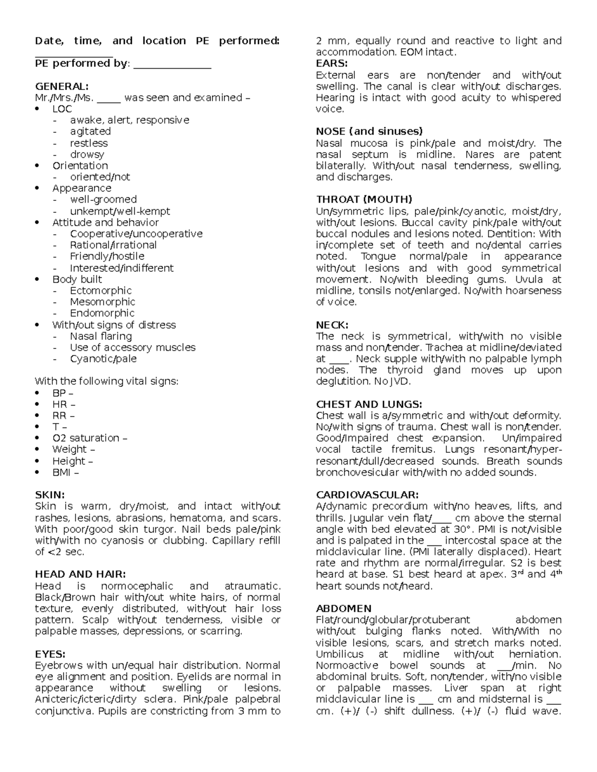 PE format sample - Date, time, and location PE performed: PE performed by ...