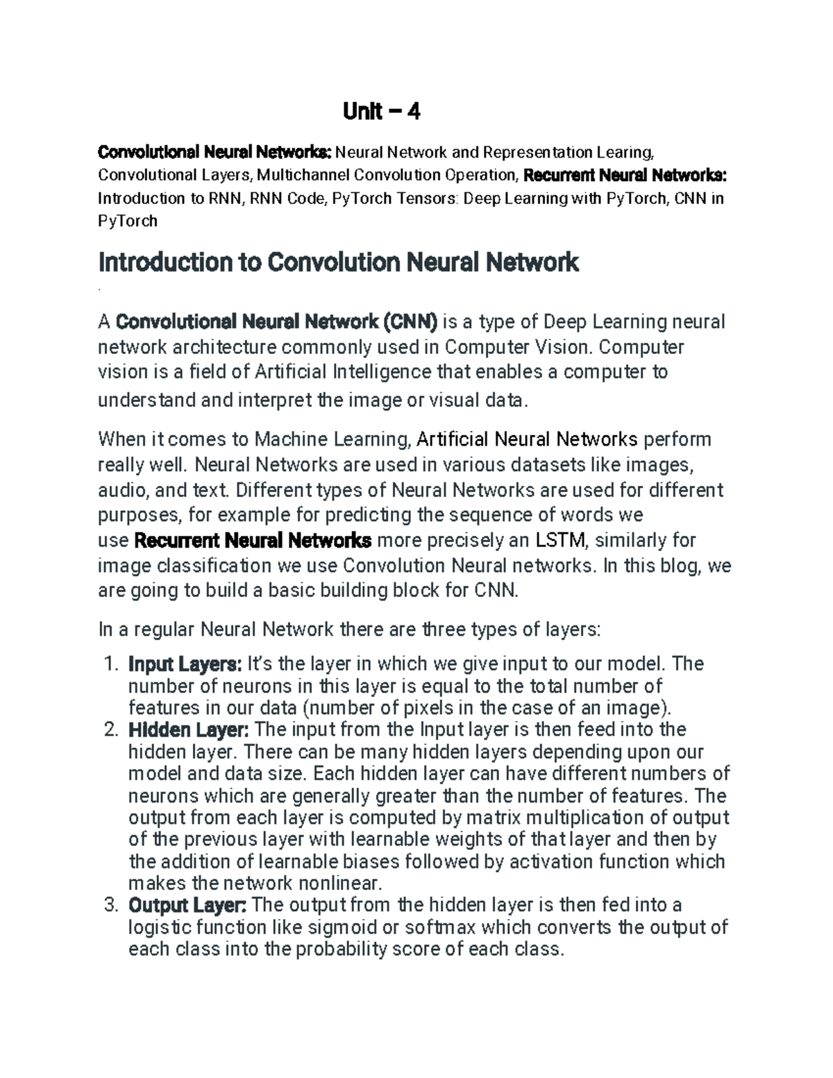 Deep learning material - Unit – 4 Convolutional Neural Networks: Neural Network and ...