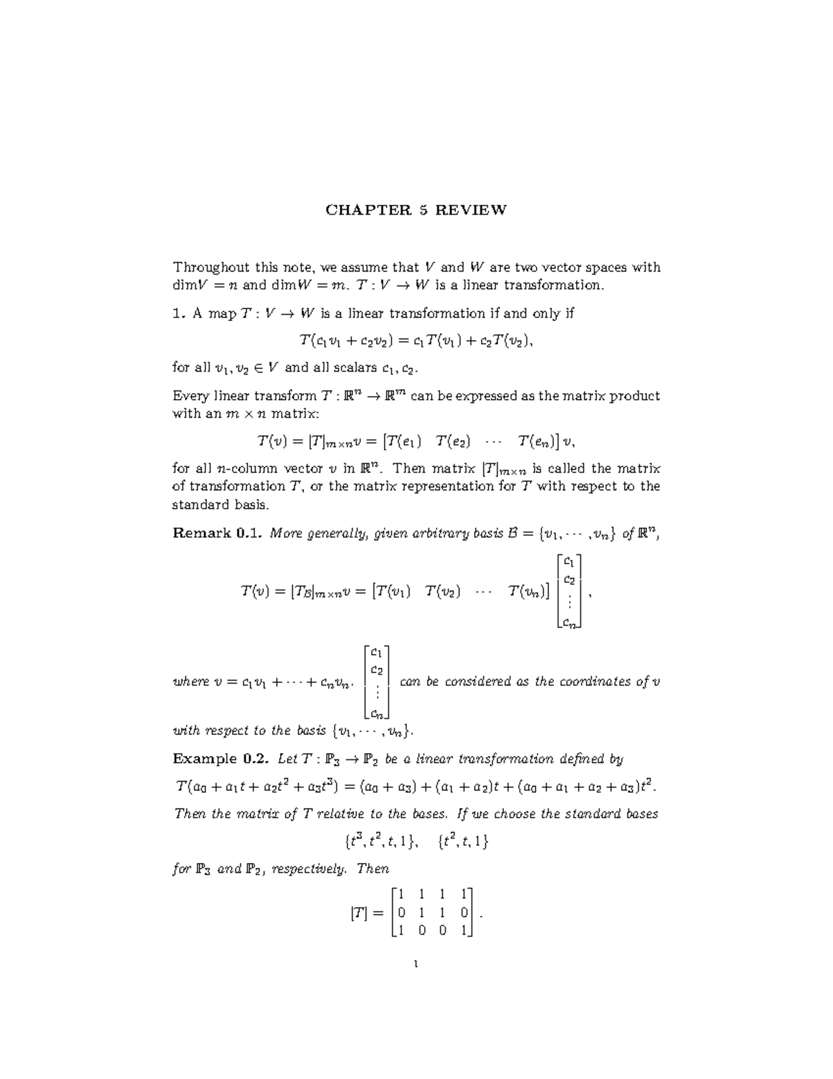 Review Chapter 5 Linear Algebra Notes For the Semester - Throughout ...