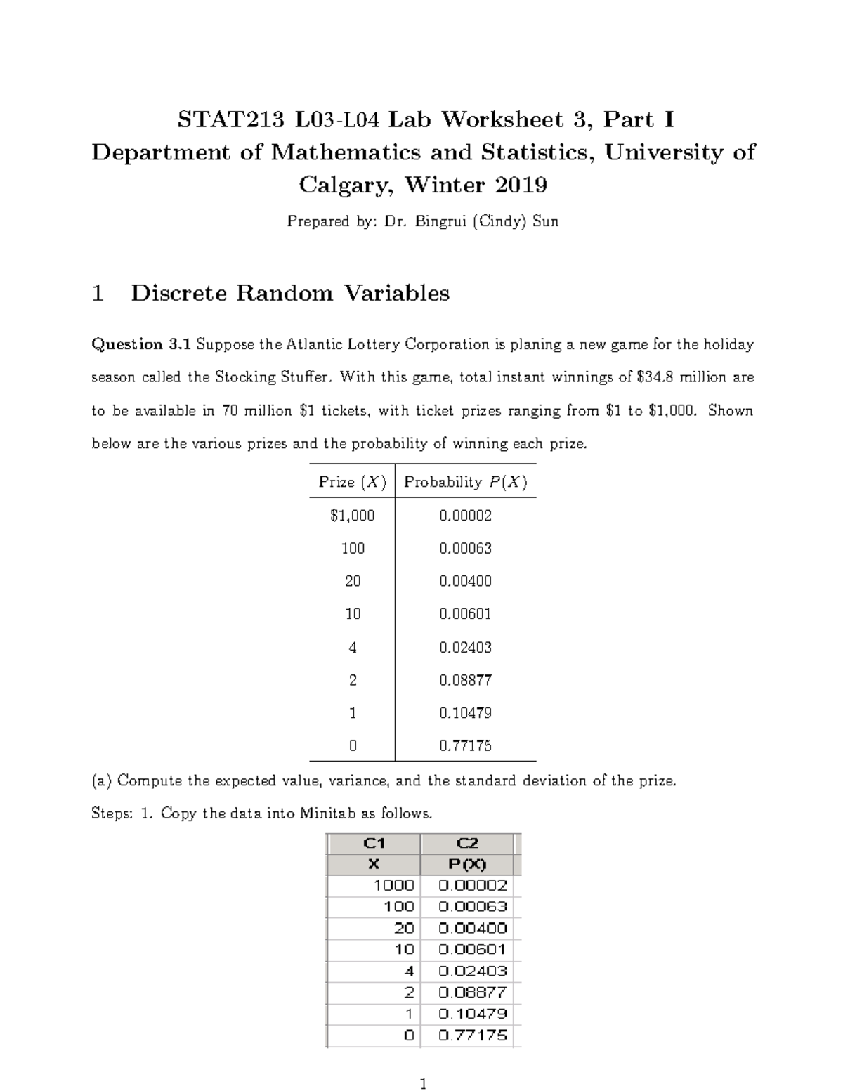 Lab 3 Worksheet-Part I 1 - STAT213 Lab Worksheet 3, Part I Department ...