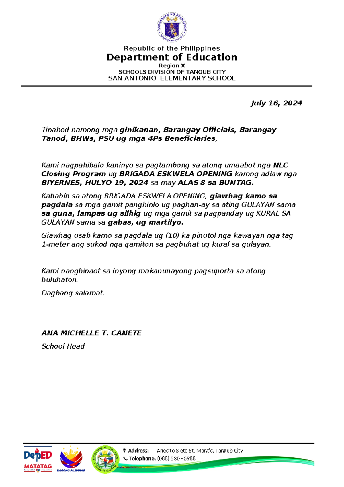 Letter-FOR- Brigada - Address: Anecito Siete St. Mantic, Tangub City Telephone: (088) 530 - 5988 ...