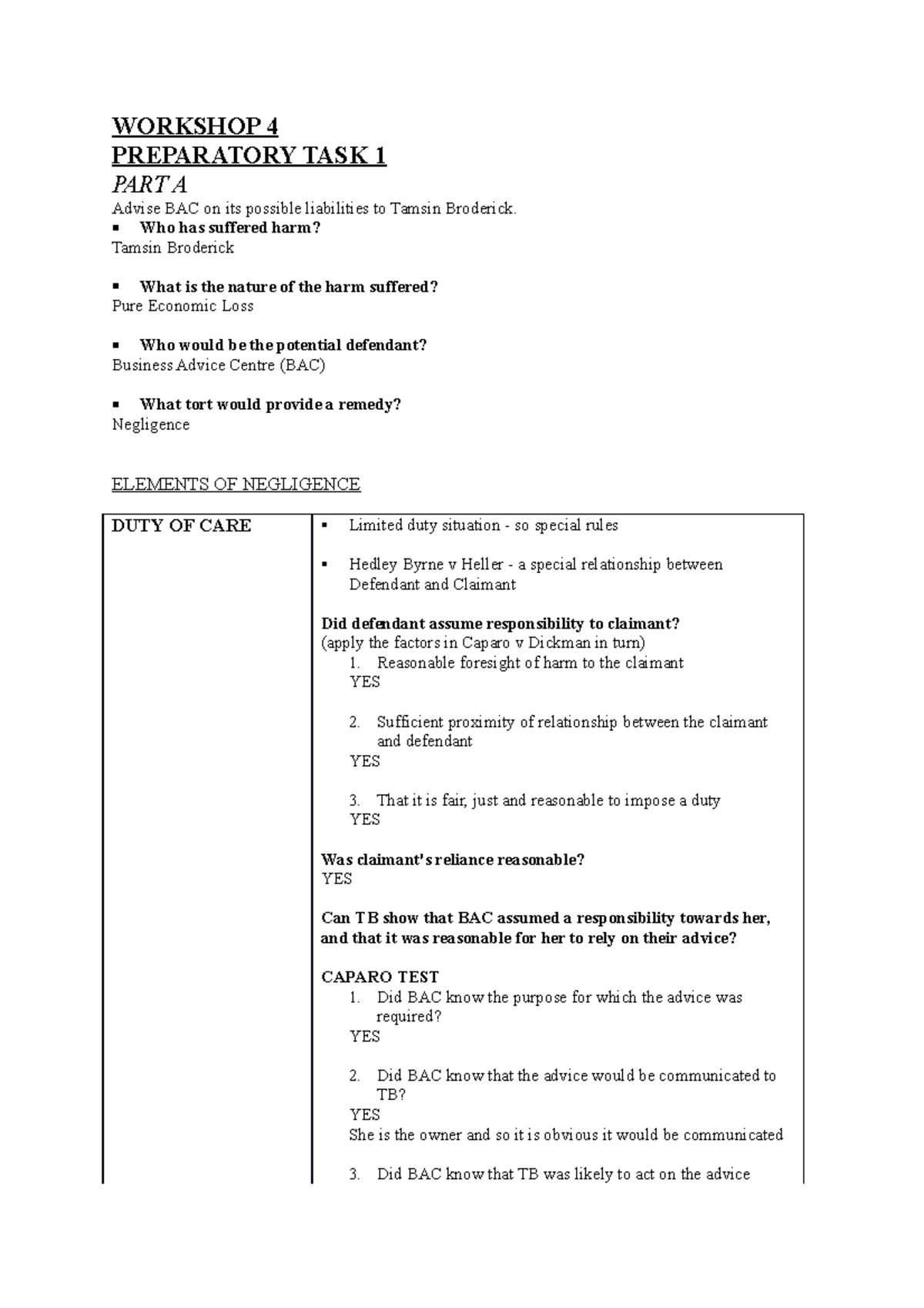TORT WS4 - TORT LAW WORKSHOP - WORKSHOP 4 PREPARATORY TASK 1 PART A ...