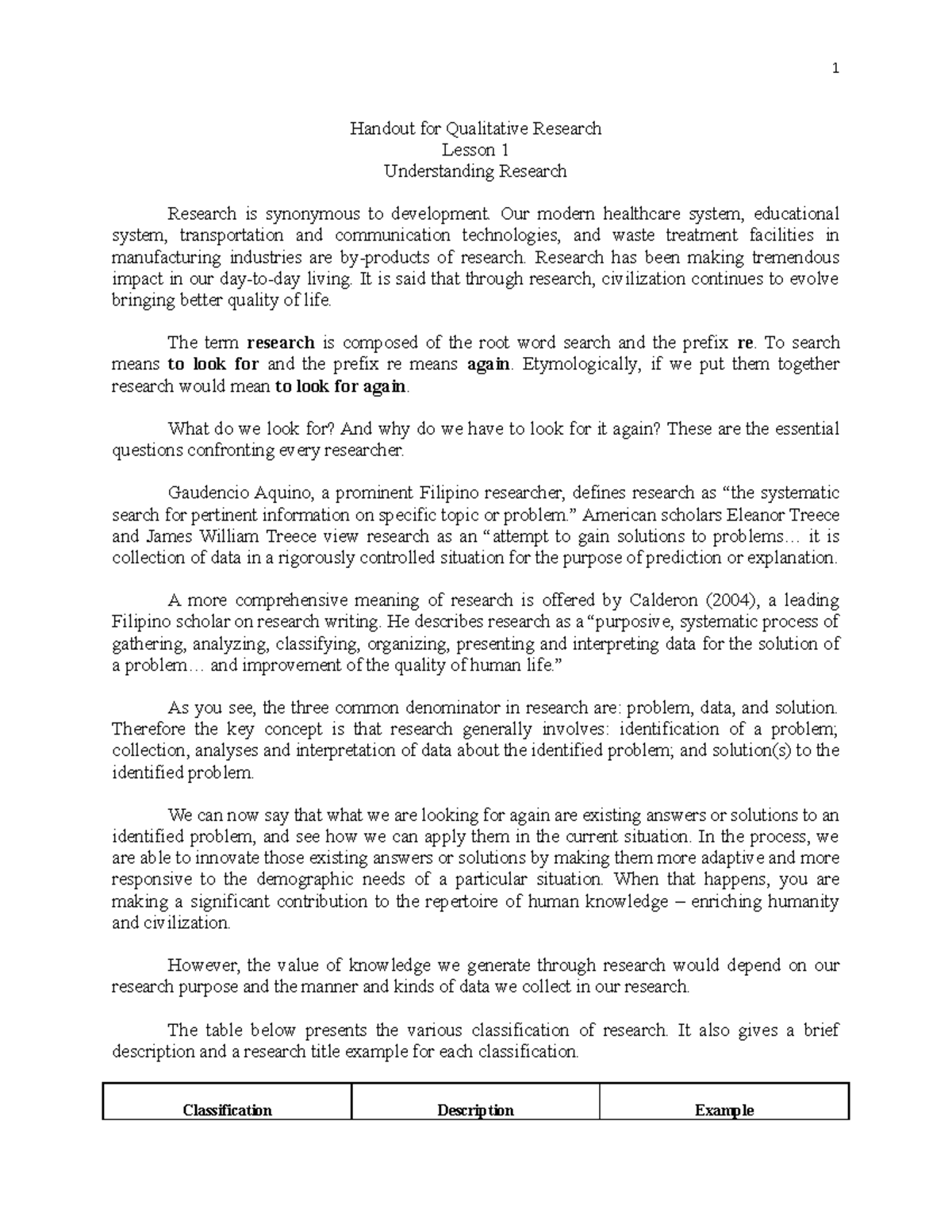 Handout for Qualitative Research - Understanding Research - Handout for ...