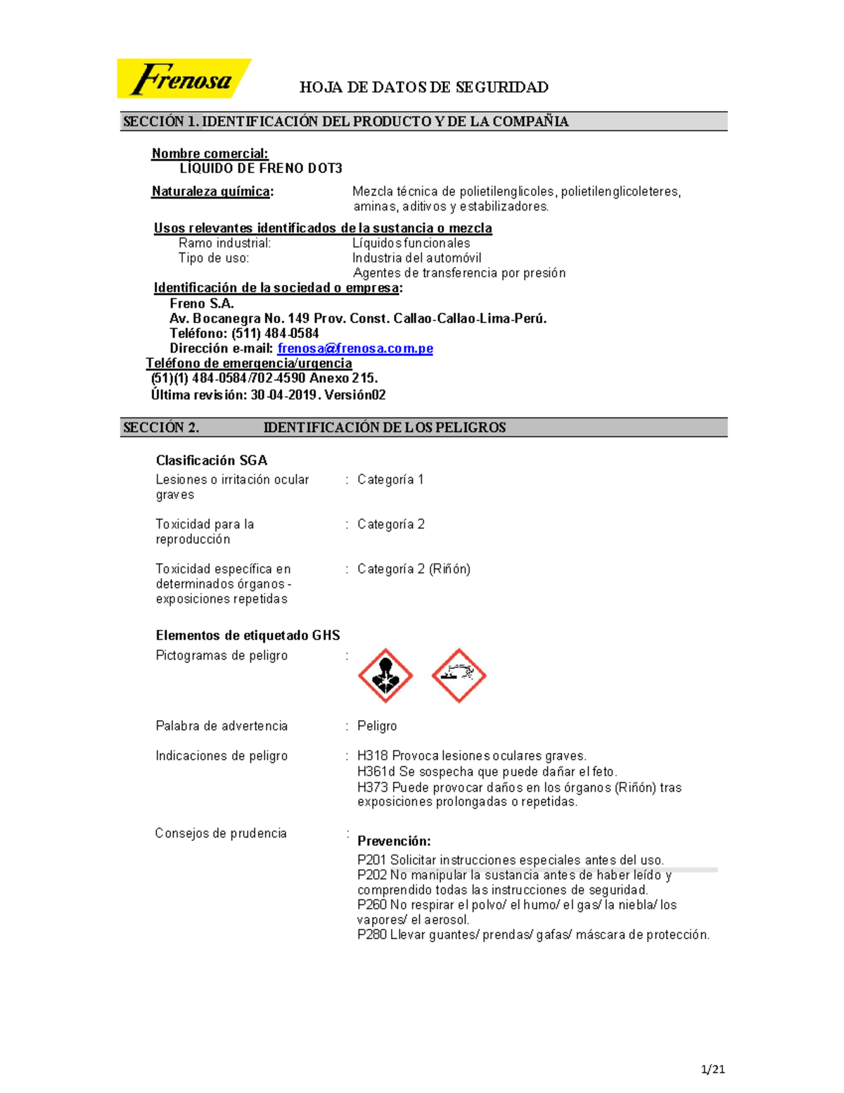 MSDS-Líquido de freno DOT3 - HOJA DE DATOS DE SEGURIDAD SECCIÓN 1 ...