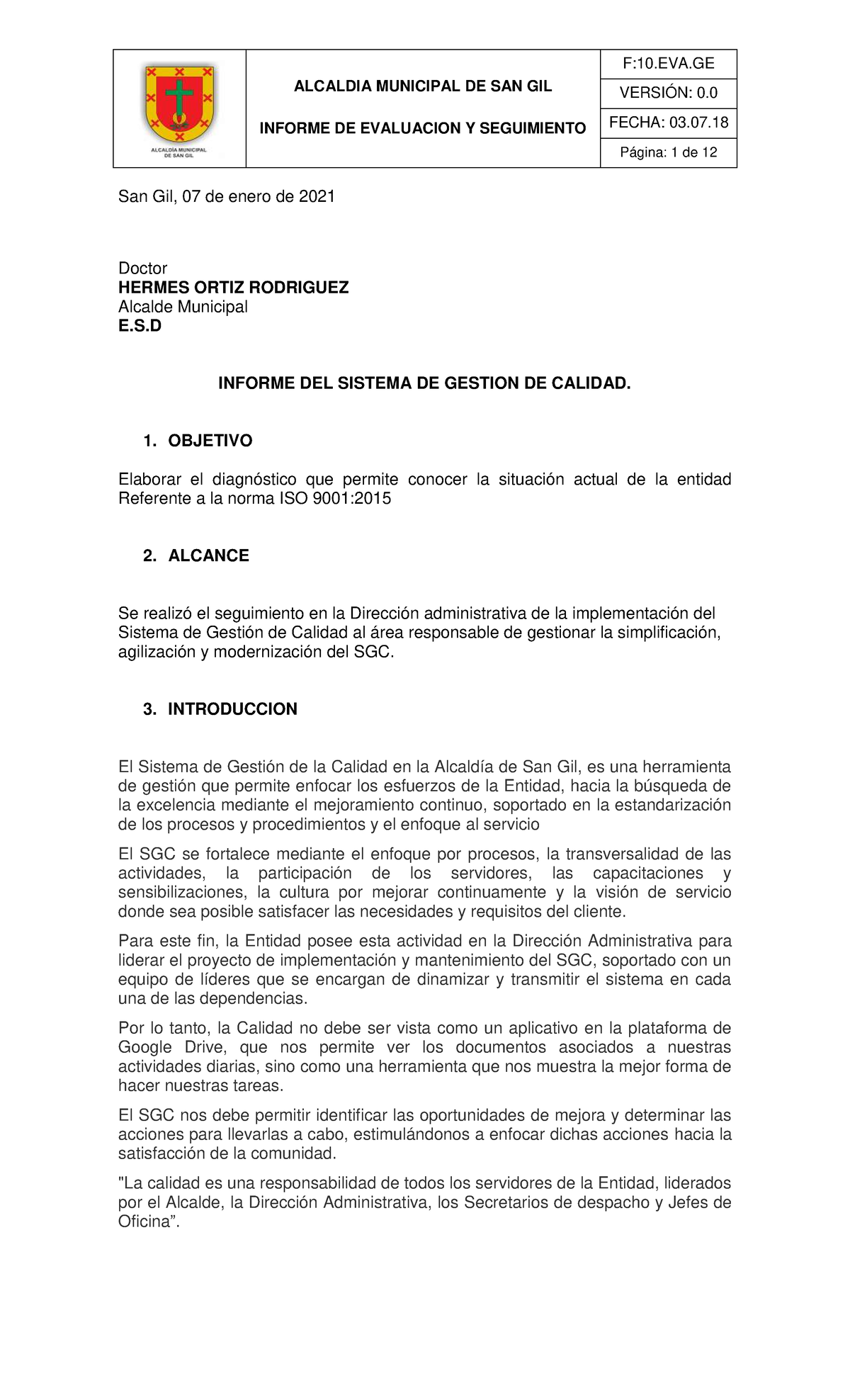 Informe Sistema de Gestión de Calidad 2020 - ALCALDIA MUNICIPAL DE SAN ...
