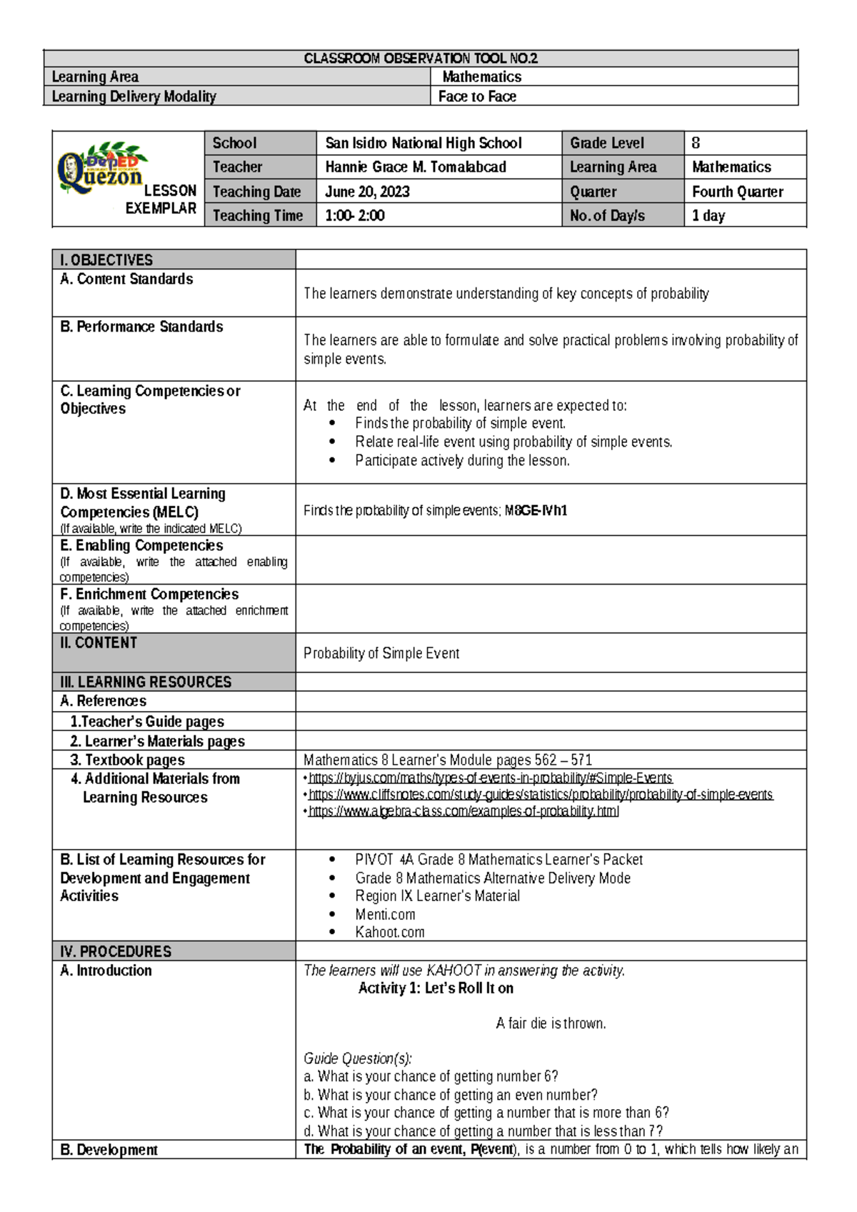 LE-COT-2-Mathematics-2022-2023 - LESSON EXEMPLAR School San Isidro ...