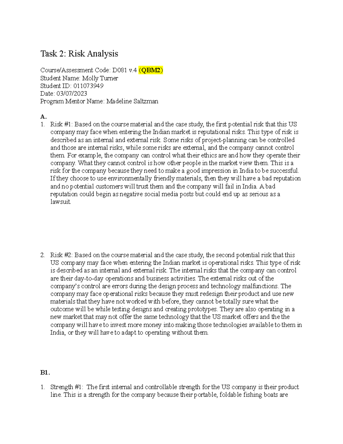 C714-D081 Task 2 Molly Turner - Task 2: Risk Analysis Course/Assessment ...