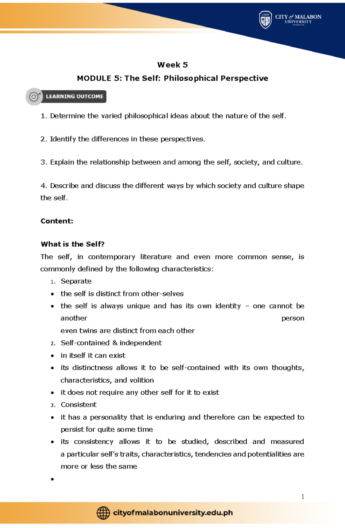 Module 5 - Week 5 MODULE 5: The Self: Philosophical Perspective ...